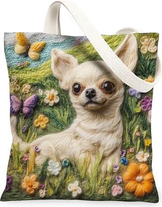 Generic Sac fourre-tout en toile motif chihuahua printanier pour faire du shopping, 33 x 38,1 cm, sac d&eacute;picerie r&eacute;utilisable &agrave; motif floral pour femme, peintu