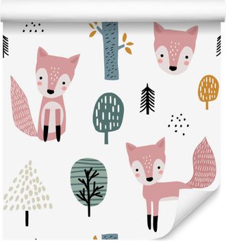 OEM Carta Da Parati Con Volpi Rosa Nella Foresta Per Soggiorno E Camera Da Letto, 50x1000 Cm