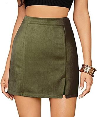 Feoya Mini Jupe Femme Dames Moulante Ajustée Fendue à Taille Haute Jupes Faux Suède Sexy à Imprimé Léopard Jupe Courte Extensible Élastique en Daim Robe A L