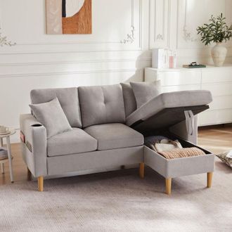 STILVORA Canap&eacute; dangle 3 Places avec 2 Coussins, M&eacute;ridienne de Rangement et Porte-Gobelet, en Coton Lin Gris Clair