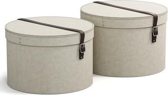 Bigso Box of Sweden BIGSO RUT 2er-Set Aufbewahrungsbox mit Deckel - runde Ordnungsbox mit Lederriemen - gro&szlig;e und kleine Hutschachtel aus Faserplatte und Papier in Leinen