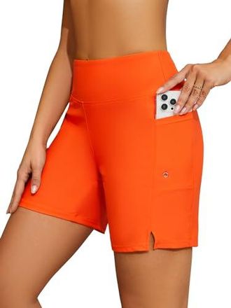 SHEKINI Short de bain pour femme - Taille haute - Avec poches - Séchage rapide - Avec doublure, Orange, S