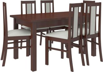 Les Tendances Les Tendances - Ensemble table extensible 140-180cm et 6 chaises en bois Noyer foncé et tissu beige clair Louiza