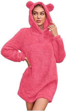 Generic Sweat-shirt long pour femme, sweat &agrave; capuche en polaire pour femme, haut de v&ecirc;tements de nuit ultra moelleux, pull uni tendance, joli manteau &agrave; capuch