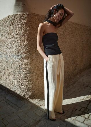 Mango Pantalon en lin &agrave; rayures contrastantes &eacute;cru - Femme - 34 - MANGO