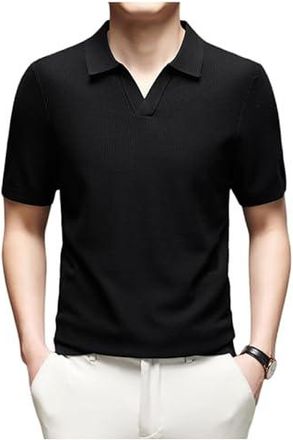 Generic Polo en tricot nid dabeille rafraîchissant anti-odeur pour homme à manches courtes et col polo ouvert pour affaires, décontracté, couleur unie, Noir, 