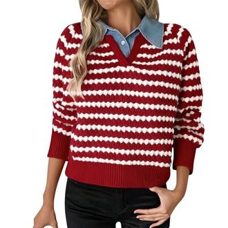 Generic Pull tricoté à col rond pour femme avec joli noeud imprimé pour femme, décontracté, ample, manches longues, vêtements dautomne et dhiver, Z06-rouge, L