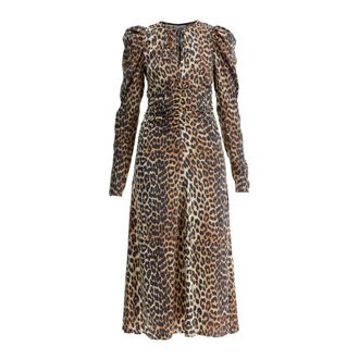 Ganni Femme, Robes, Brun, Taille: 38 FR Robe Midi &agrave; Imprim&eacute; Animal avec Manches Bouffantes