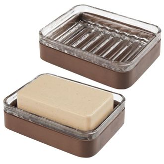 mDesign 2er-Set Seifenschale aus Bambus und Glas - praktischer und umweltfreundlicher Seifenkorb - Seifenablage für das Badezimmer oder die Küche - durchsicht