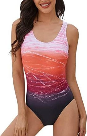 Heekpek Femme Maillot de Bain 1 Pièce Chic Imprimé Coloré Monokini Vintage Taille Haut Push Up Sexy Maillot Bain 1 Piece Grande Taille, Rouge, Taille XXL