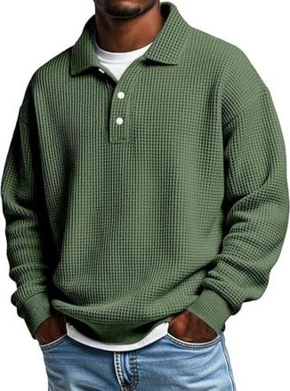 Generic Polo pour Homme en Tricot Waffle, Col &agrave; Grandes Pointes Henley Manches Longues, Taille Large Uni D&eacute;contract&eacute; Automne(Blackish Green,4X-Large)