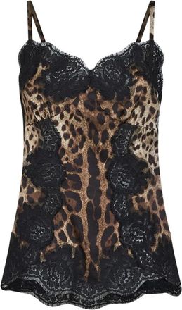 Dolce & Gabbana Femme, Tops, Multicolore, Taille: 44 FR Top en satin &agrave; imprim&eacute; l&eacute;opard avec incrustation de dentelle