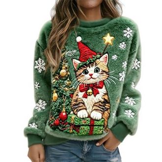 Generic Sweatshirt en flanelle pour femme avec imprim&eacute; chat de No&euml;l, pull-over mignon et original &agrave; col rond, hauts confortables et festifs, v&ecirc;tements dhiver 