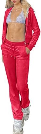 Minetom Femmes Velours Ensemble Survêtement Manche Longue Fermeture Éclair Veste Blouson Sweat à Capuche Jogging Pantalon Sports Suits 2pcs Rouge S