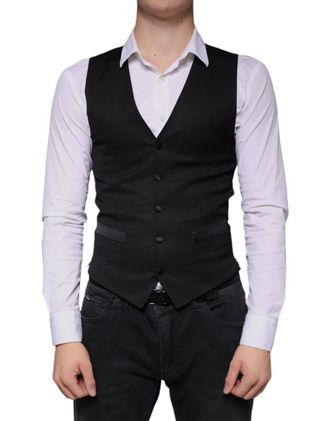 Dolce & Gabbana Mens Black Wool Waistcoat Dress Formal Vest Viscose Silk Polyester