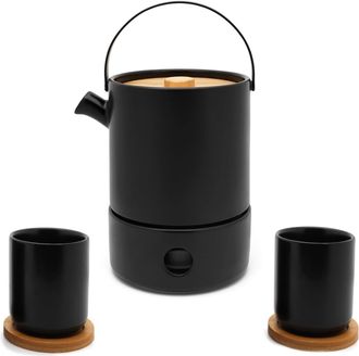 Bredemeijer Teekannen Set - schwarze Keramik-Kanne 1.2 Liter & Tee-Filter Sieb-Einsatz für losen Tee & Stövchen & 2 Steingut Teebecher - 6-tlg