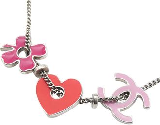 Chanel Halskette - CC Silver Plated Enamel Heart and Clover Charm Pen - Gr. unisize - in Silber - f&uuml;r Damen