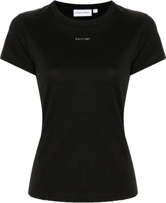 Calvin Klein Femme, Tops, Noir, Taille: 36 FR Logo T-shirt Jersey Manches Courtes