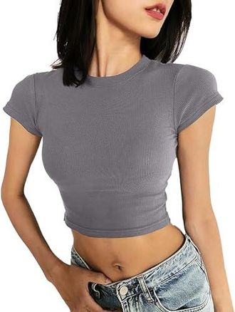 Generic Haut court &agrave; manches courtes pour femme - Coupe ajust&eacute;e - Extensible - C&ocirc;tel&eacute; - D&eacute;contract&eacute; - Basique - Pour sortir dans la rue, gris fonc&eacute;, XXL