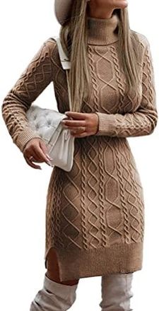 Onsoyours Robe Pull Femme Casual Manches Longues Couleur Unique Robe Tricotée Col Roulant Pull Tricot Hiver Slim Fit Pull Tricot Mini Robe Tricot Robe Loisirs P