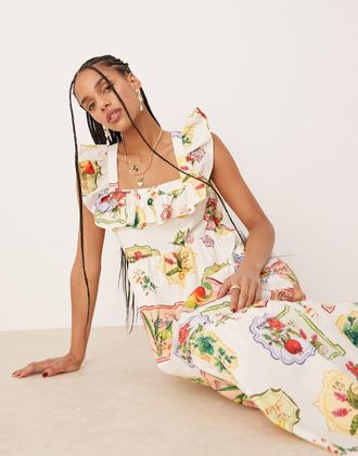 Nobody's Child Cassidy - Robe mi-longue à volants à imprimé fruits façon carte postale-Multicolore