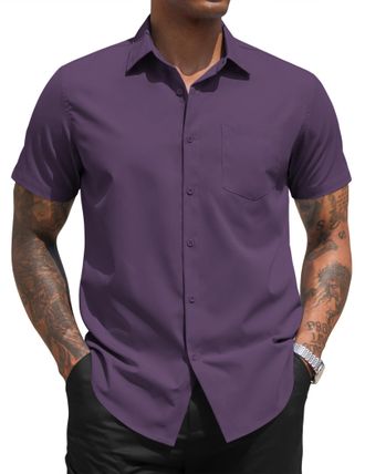 Coofandy Herren Hemd Kurzarm Businesshemd Freizeithemd Regular Fit Sommer Smart Casual Hemd mit Brusttasche Lila M