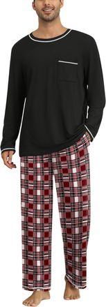 Ekouaer Schlafanzug Herren Lang Zweiteiliger Pyjama Set Winter Loungewear Warm Kariert Hausanzug mit Taschen, Rot Kariert XXL