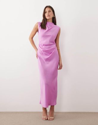 Asos Robe satin&eacute;e mi-longue avec buste pliss&eacute; et col montant - Rose lilas