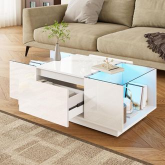 STILVORA Table basse avec 2 Tiroirs et 2 Niches avec LED Bluetooth, Plaques en Verre, Brillant et Mat, en Panneaux de Particules, 105&times;50&times;35 cm, Blanc