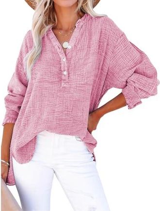 Generic Chemise d&eacute;contract&eacute;e &agrave; manches longues avec boutons et col en V pour femme, chemisier uni surdimensionn&eacute; en lin pour femme, rose, XXL