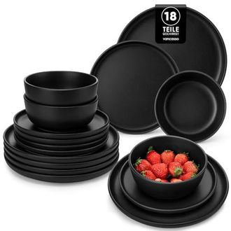 VANCASSO Série PLAYA Service de Table 6 Personnes, Set Vaisselle Noir en Grès 18 Pièces - 6 Assiettes Plates, 6 Assiettes à Dessert et 6 Bols - Adapté au Lave-