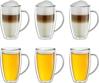 Creano doppelwandiges Thermoglas mit Henkel 250ml, gro&szlig;es Doppelwandglas aus Borosilikatglas, Kaffee-/Teeglas,6x 250ml