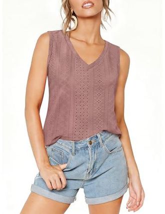 Zeagoo D&eacute;bardeur &eacute;l&eacute;gant pour femme - Col en V - Sans manches - D&eacute;contract&eacute; - En tissu &agrave; oeillets, Rose, S