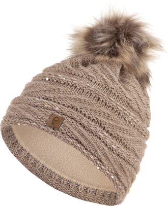 Faera Winterm&uuml;tze M&uuml;tze Damen warm gef&uuml;ttert mit Pailletten Kunstfell Bommel-M&uuml;tze Fleecefutter Winter Herbst Strickm&uuml;tze Beanie M&auml;dchen 62, Farbe:Beige