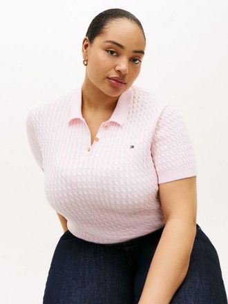 Tommy Hilfiger Polokragenpullover CRV CO CABLE FINE GG POLO S/S in gro&szlig;en Gr&ouml;&szlig;en, mit Zopfmuster