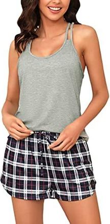 iClosam Pyjama Femme en Coton V&ecirc;Tements de Nuit &Eacute;t&eacute; &agrave; Carreaux Ensemble de Pyjama Court Doux Respirant Tenue de Nuit 2 Pi&egrave;ces sans Manches Confortable