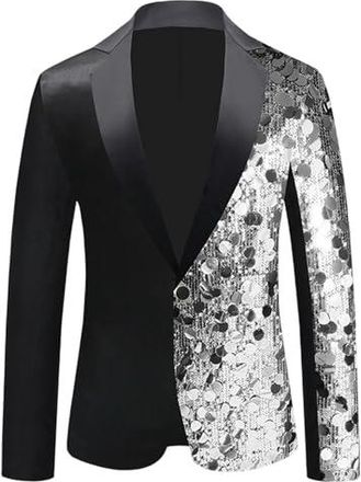 Generic Veste de costume &eacute;l&eacute;gante &agrave; paillettes pour homme - Blazer &agrave; revers en pointe - Manteau de sport scintillant, Blanc argent&eacute;, XXL