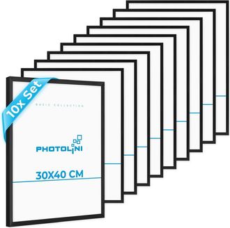 Photolini Bilderrahmen 30x40 cm Schwarz, 10er Set Kunststoff-Rahmen schmal, bruchsicheres Acrylglas, zum Aufhängen, extra Zubehör - Dokumentenrahmen für Urkunde