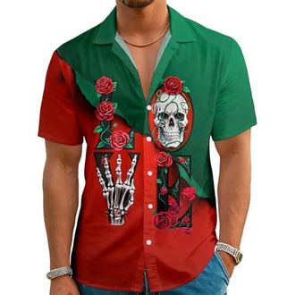 Generic Chemises hawa&iuml;ennes &agrave; motif t&ecirc;te de mort pour homme - Imprim&eacute; squelette - Chemise de Saint-Valentin &agrave; manches courtes boutonn&eacute;es &agrave; revers - Hauts d&eacute;t&eacute;