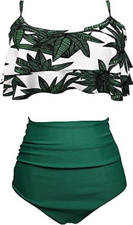 Generic Tankini pour femme taille haute 2 pi&egrave;ces maillot de bain modeste Push Up imprim&eacute; piscine maillots de bain dos nu plage bas de bikini, Vert, XXL