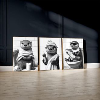 Generic 3 Bilder Für Badezimmer Schwarz Weiß 30X40CM Poster Witzig Tiere Otter Bilderwand Badezimmer Leinwand Für Gäste WC Bilder WC Lustig Poster Toilette Ti
