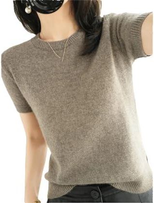 Generic Pull à manches courtes et col rond en coton mélangé pour femme - Pull tricoté - Flocons davoine - Taille L, oatmeal, Taille L