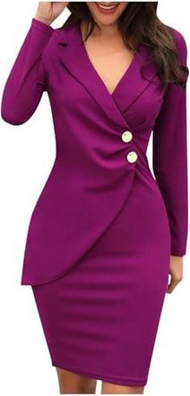 Generic Robes Business Femme Grande Taille, Robe de Soiree Femme Col Revers-Robe Courte Femme Manches Longues Couleur Unie Boutons Moulante Robes D&eacute;contract&eacute;s