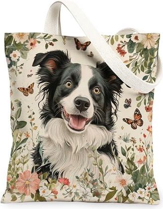 Generic Sac fourre-tout en toile motif chien border collie printanier 33 x 38,1 cm, sac d&eacute;picerie r&eacute;utilisable pour femme, animal de compagnie, peinture, cade