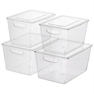 Navaris Lot 4 Boites pour R&eacute;frig&eacute;rateur - 4x Bac 2 Tailles Diff&eacute;rentes avec Poign&eacute;es et Couvercle - Bo&icirc;te Empilable Compartiment de Rangement pour Aliments V&ecirc;