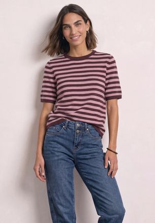 Street One Kurzarmpullover STREET ONE, Damen, Gr. 46, braun (rustic rouge meliert), Web, 37% Baumwolle, 34% Polyacryl, 26% Polyester, 3% Elasthan, gestreift, nor