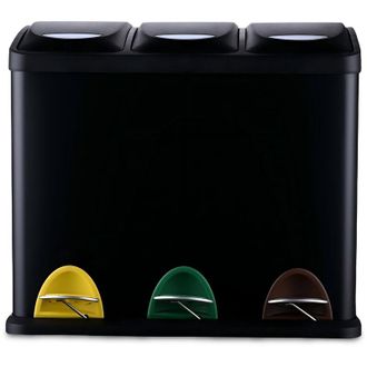 Relaxdays Poubelle Relaxdays, 3 compartiments, 24 l, avec p&eacute;dale, bac de tri pour cuisine, m&eacute;tal, noir