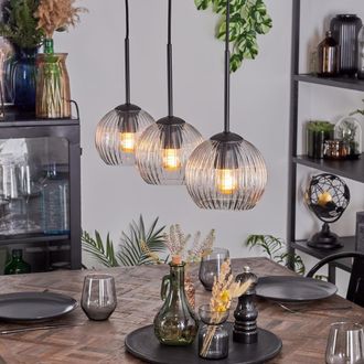 HOFSTEIN H&auml;ngeleuchte Koyoto, 3-flammige H&auml;ngelampe aus Metall/Riffelglas in Schwarz/Klar, moderne Pendelleuchte im Retro/Vintage-Design (Schirme &Oslash; 15 cm), E27