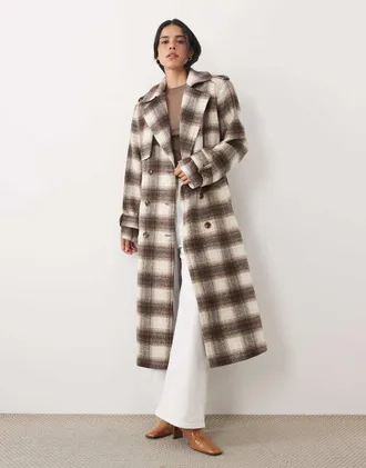 4th & Reckless trench-coat long ceintur&eacute; effet laine &agrave; carreaux marron et cr&egrave;me, exclusivit&eacute;-Multi