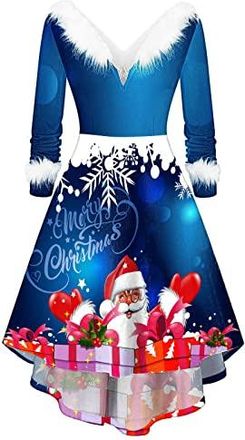 Generic Robes amincissantes 2026 pour femmes, chandail de No&euml;l &agrave; manches longues, imprim&eacute; P&egrave;re No&euml;l, faux col en V, robe de f&ecirc;te asym&eacute;trique surdimensionn&eacute;e, 
